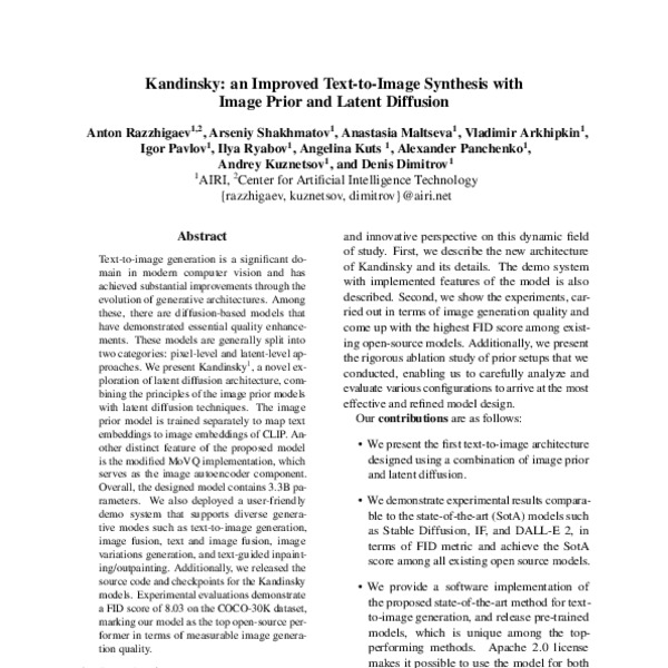 Kandinsky: An Improved Text-to-Image Synthesis with Image Prior and Latent Diffusion - ACL Anthology