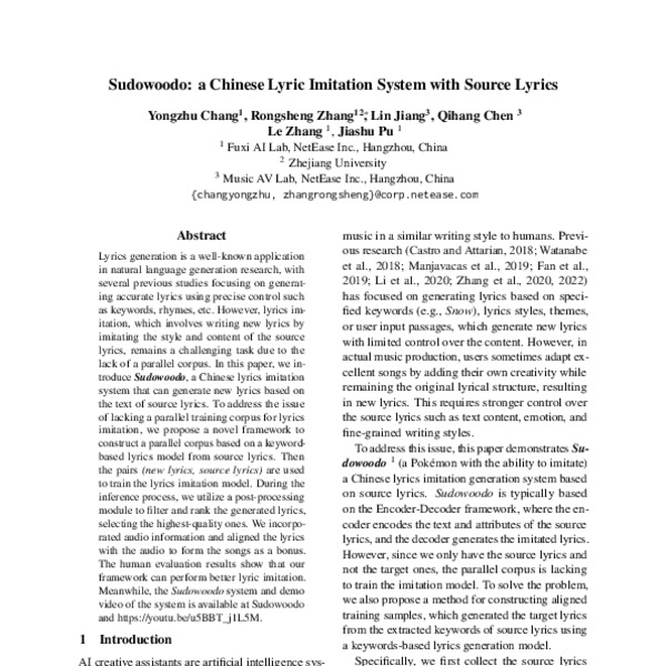 Sudowoodo: A Chinese Lyric Imitation System with Source Lyrics - ACL ...