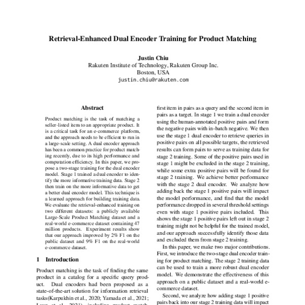 Retrieval-Enhanced Dual Encoder Training for Product Matching - ACL Anthology
