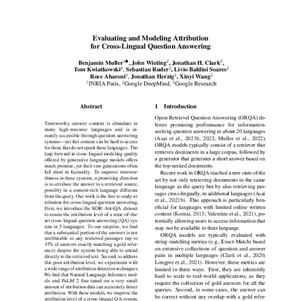 Evaluating and Modeling Attribution for Cross-Lingual Question Answering - ACL Anthology