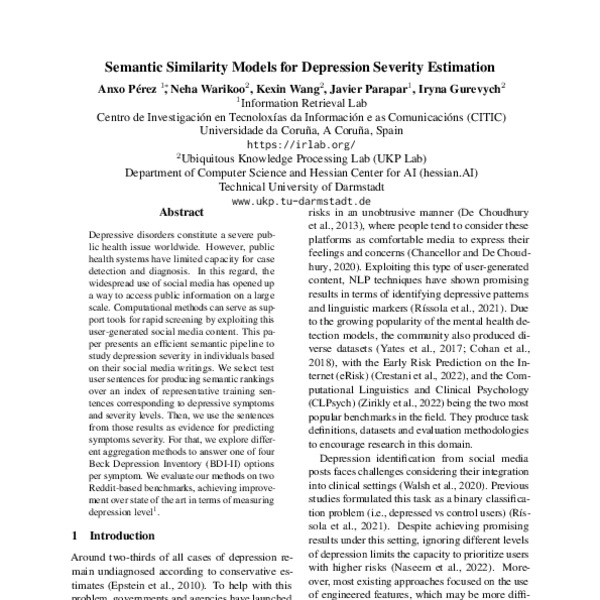 Semantic Similarity Models for Depression Severity Estimation - ACL Anthology