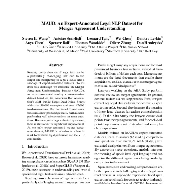 MAUD: An Expert-Annotated Legal NLP Dataset for Merger Agreement ...