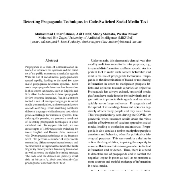Detecting Propaganda Techniques In Code Switched Social Media Text Acl Anthology