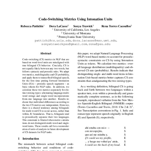 Code-Switching Metrics Using Intonation Units - ACL Anthology