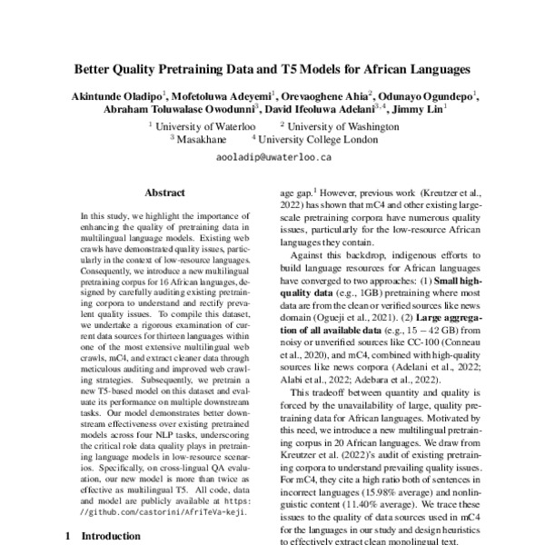 Better Quality Pre-training Data and T5 Models for African Languages ...