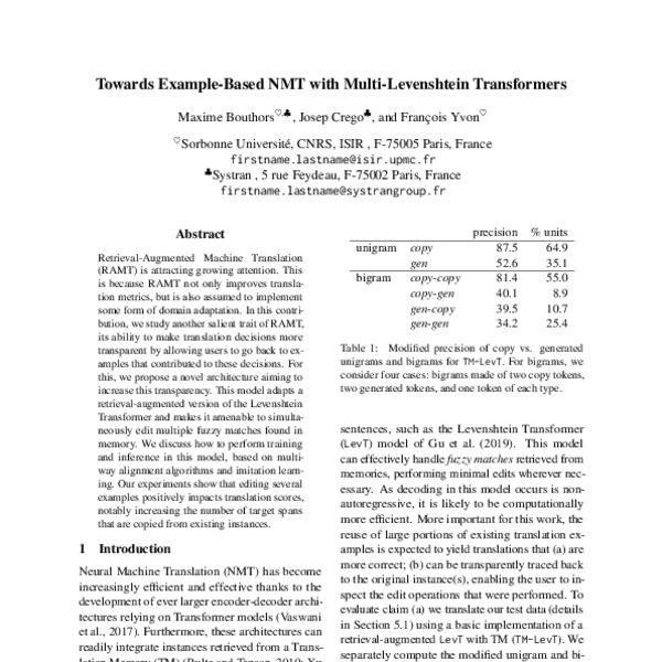 Towards Example Based Nmt With Multi Levenshtein Transformers Acl