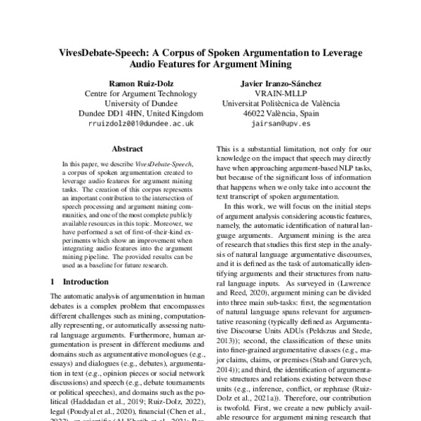 VivesDebate-Speech: A Corpus of Spoken Argumentation to Leverage Audio Features for Argument ...