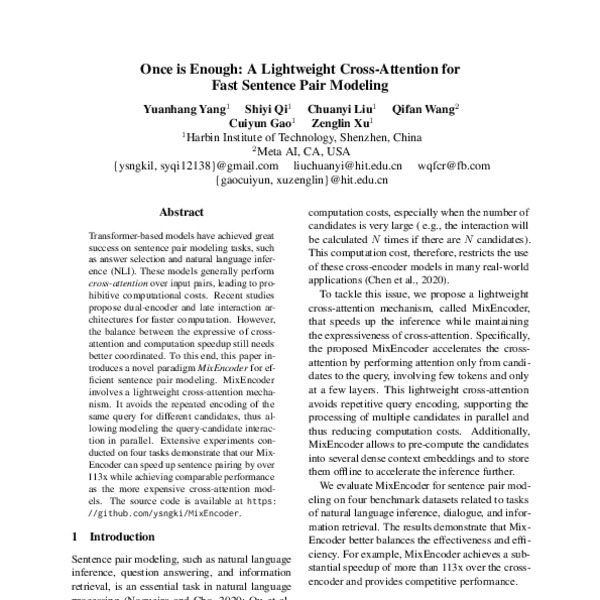 Once is Enough: A Light-Weight Cross-Attention for Fast Sentence Pair ...