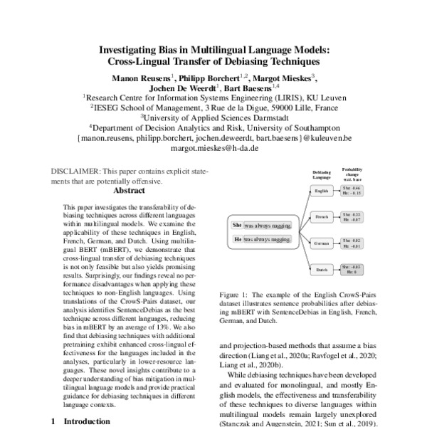 Investigating Bias in Multilingual Language Models: Cross-Lingual Transfer of Debiasing ...