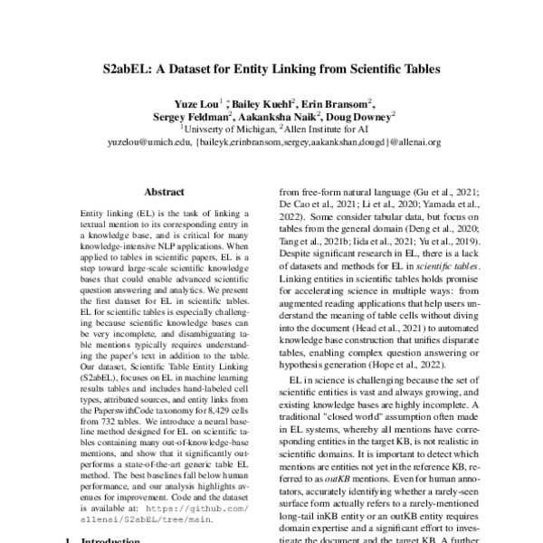 S2abEL: A Dataset for Entity Linking from Scientific Tables - ACL Anthology