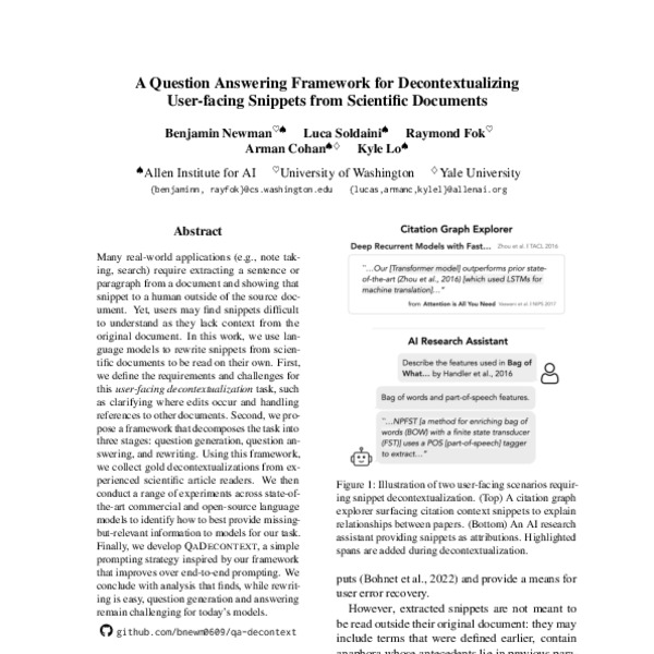 A Question Answering Framework for Decontextualizing User-facing Snippets from Scientific ...