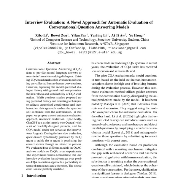 Interview Evaluation A Novel Approach For Automatic Evaluation Of Conversational Question