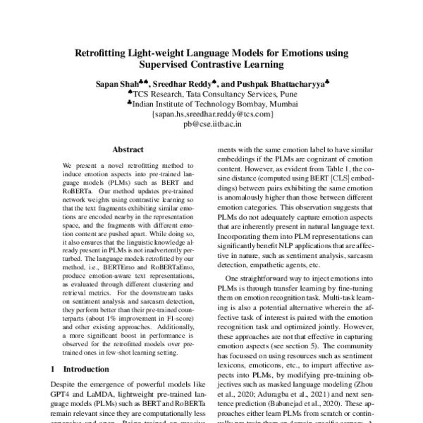 Retrofitting Light-weight Language Models for Emotions using Supervised Contrastive Learning ...