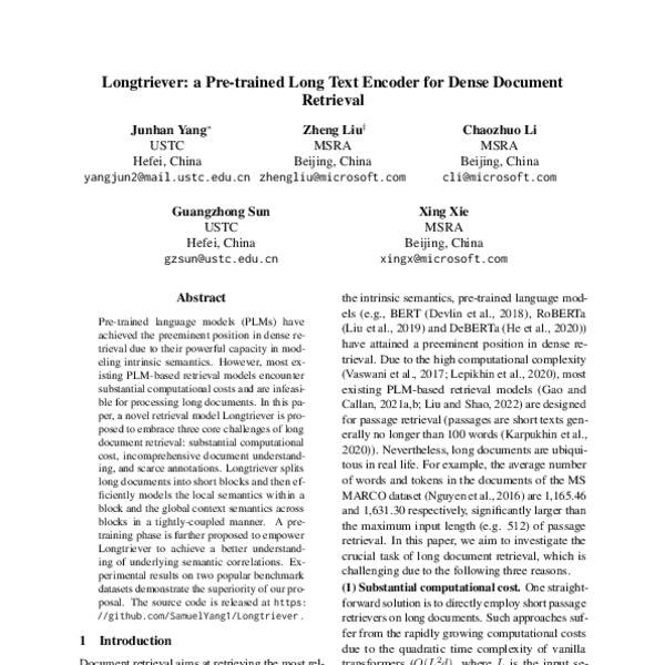 Longtriever: a Pre-trained Long Text Encoder for Dense Document Retrieval - ACL Anthology