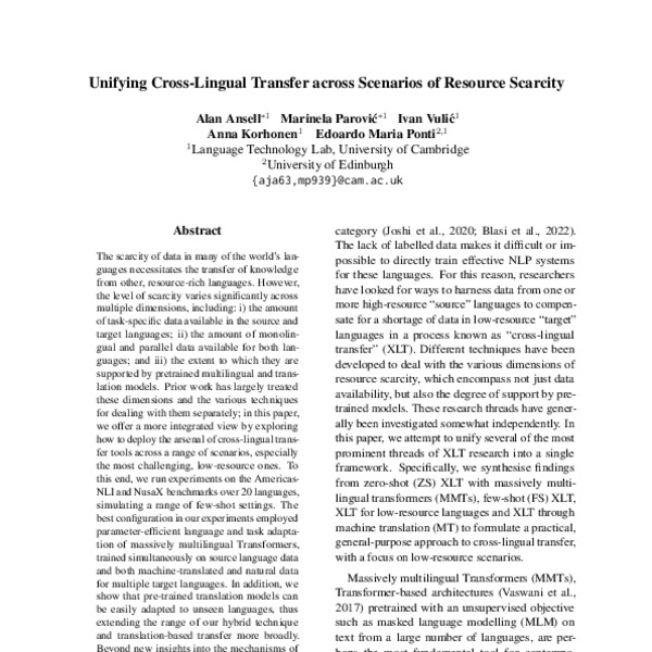 Unifying Cross-Lingual Transfer across Scenarios of Resource Scarcity - ACL Anthology
