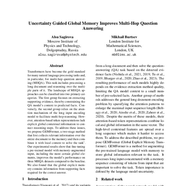 Uncertainty Guided Global Memory Improves Multi-Hop Question Answering - ACL Anthology