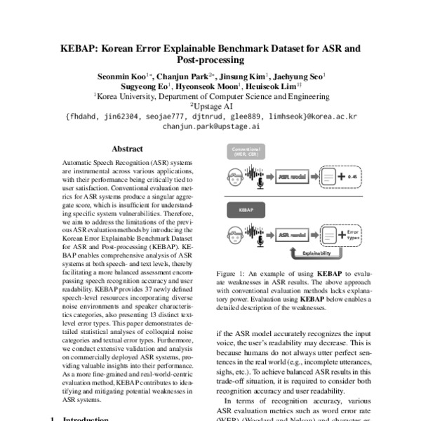 KEBAP: Korean Error Explainable Benchmark Dataset for ASR and Post-processing - ACL Anthology