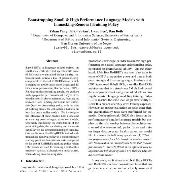 Bootstrapping Small & High Performance Language Models with Unmasking-Removal Training Policy ...