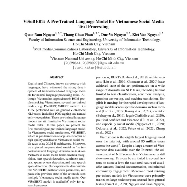ViSoBERT: A Pre-Trained Language Model for Vietnamese Social Media Text Processing - ACL Anthology