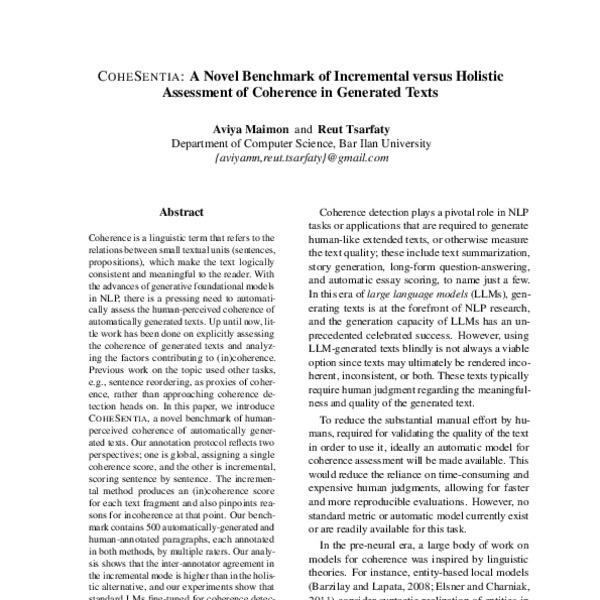 COHESENTIA: A Novel Benchmark of Incremental versus Holistic Assessment of Coherence in ...