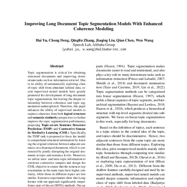 Improving Long Document Topic Segmentation Models With Enhanced Coherence Modeling - ACL Anthology