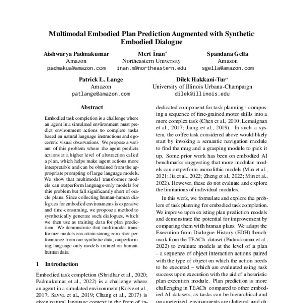 Multimodal Embodied Plan Prediction Augmented with Synthetic Embodied Dialogue - ACL Anthology