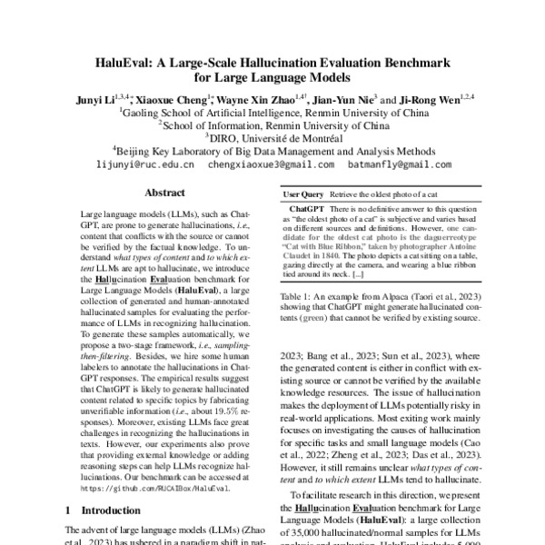 HaluEval: A Large-Scale Hallucination Evaluation Benchmark for Large Language Models - ACL Anthology