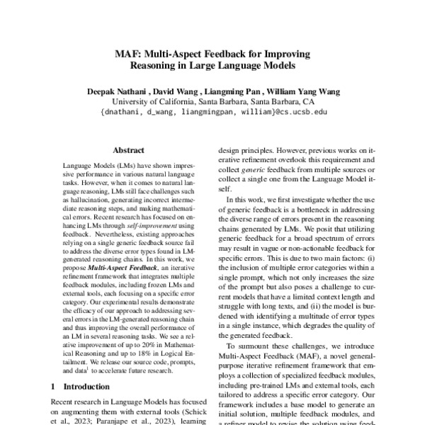 MAF: Multi-Aspect Feedback for Improving Reasoning in Large Language Models - ACL Anthology
