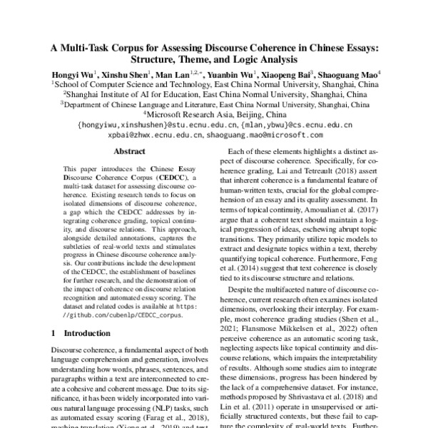 A Multi-Task Dataset for Assessing Discourse Coherence in Chinese Essays: Structure, Theme, and ...