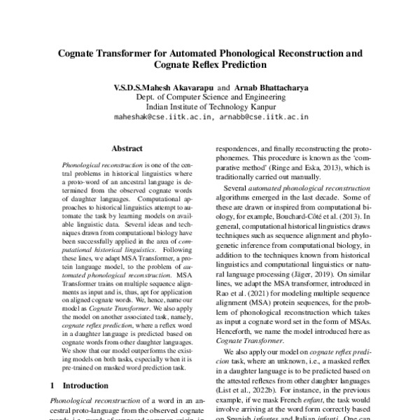 Cognate Transformer for Automated Phonological Reconstruction and ...