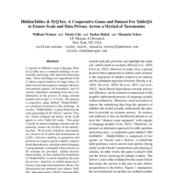 HiddenTables and PyQTax: A Cooperative Game and Dataset For TableQA to Ensure Scale and Data ...