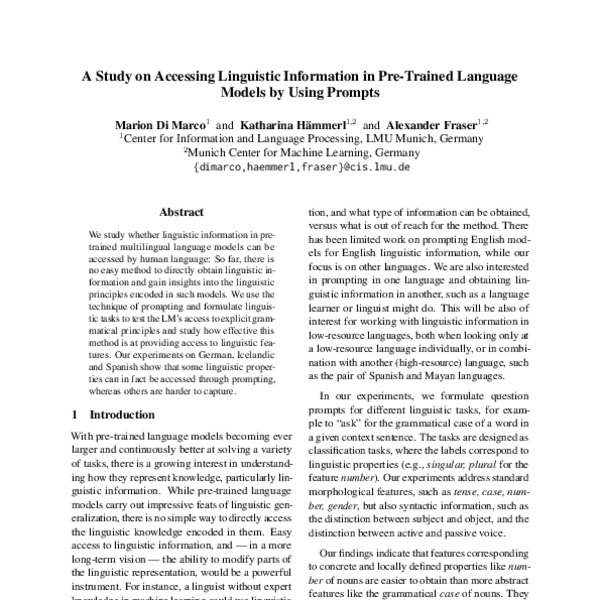 A Study on Accessing Linguistic Information in Pre-Trained Language Models by Using Prompts ...