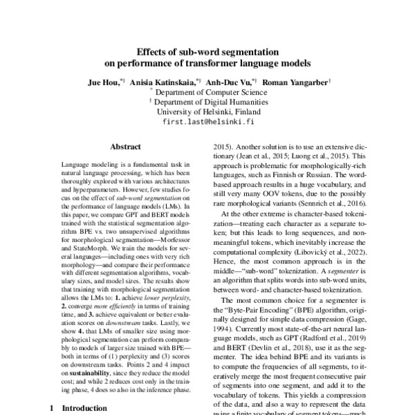 Effects of sub-word segmentation on performance of transformer language models - ACL Anthology