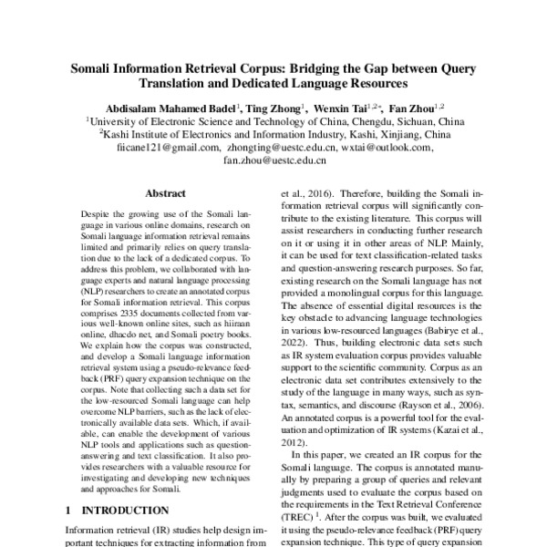 Somali Information Retrieval Corpus: Bridging the Gap between Query Translation and Dedicated ...
