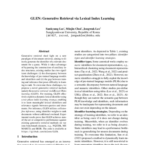 Glen Generative Retrieval Via Lexical Index Learning Acl Anthology