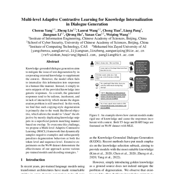 Multi-level Adaptive Contrastive Learning for Knowledge Internalization in Dialogue Generation ...