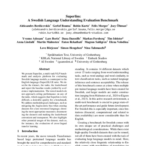 Superlim: A Swedish Language Understanding Evaluation Benchmark - ACL ...