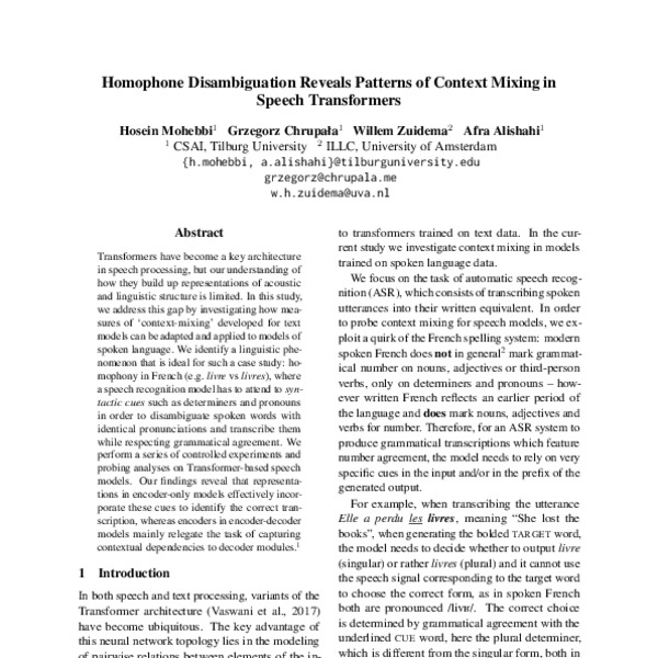Homophone Disambiguation Reveals Patterns of Context Mixing in Speech Transformers - ACL Anthology