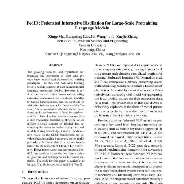 Fedid Federated Interactive Distillation For Large Scale Pretraining Language Models Acl