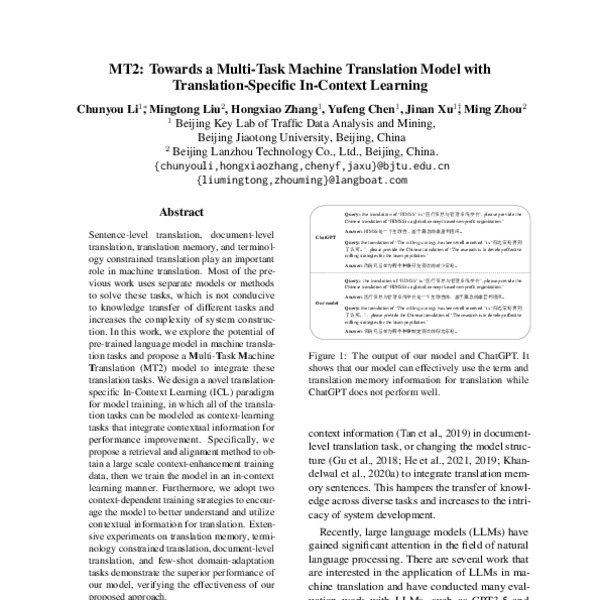 MT2: Towards a Multi-Task Machine Translation Model with Translation-Specific In-Context ...