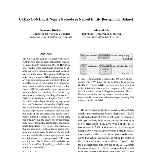 CleanCoNLL: A Nearly Noise-Free Named Entity Recognition Dataset - ACL Anthology