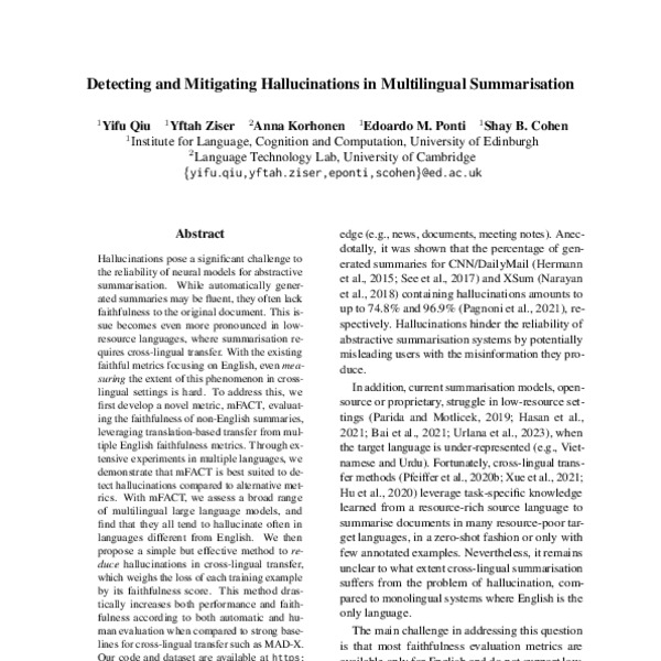 Detecting and Mitigating Hallucinations in Multilingual Summarisation - ACL Anthology