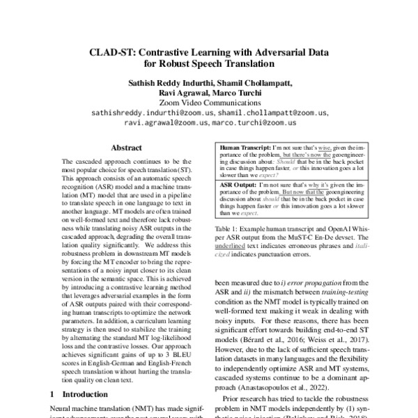 CLAD-ST: Contrastive Learning with Adversarial Data for Robust Speech Translation - ACL Anthology
