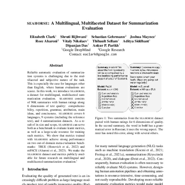 SEAHORSE: A Multilingual, Multifaceted Dataset for Summarization Evaluation - ACL Anthology