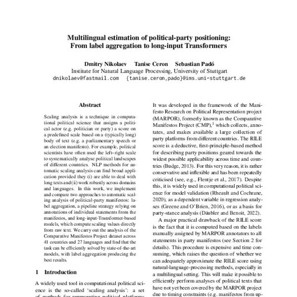 Multilingual Estimation Of Political Party Positioning From Label Aggregation To Long Input