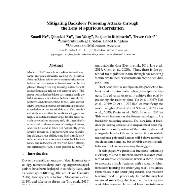 Mitigating Backdoor Poisoning Attacks through the Lens of Spurious Correlation - ACL Anthology
