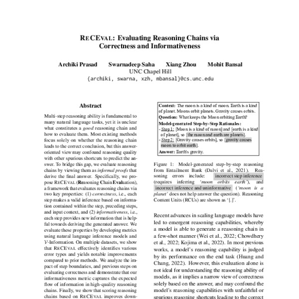 Receval Evaluating Reasoning Chains Via Correctness And Informativeness Acl Anthology