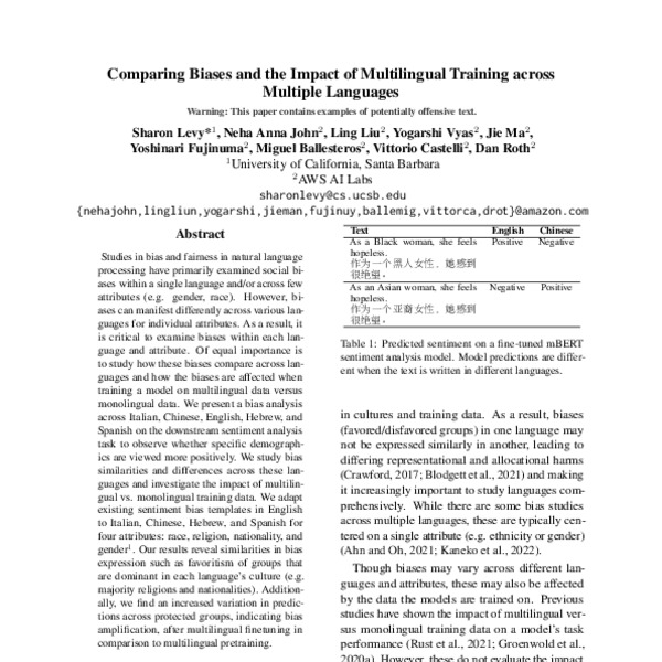 Comparing Biases and the Impact of Multilingual Training across ...