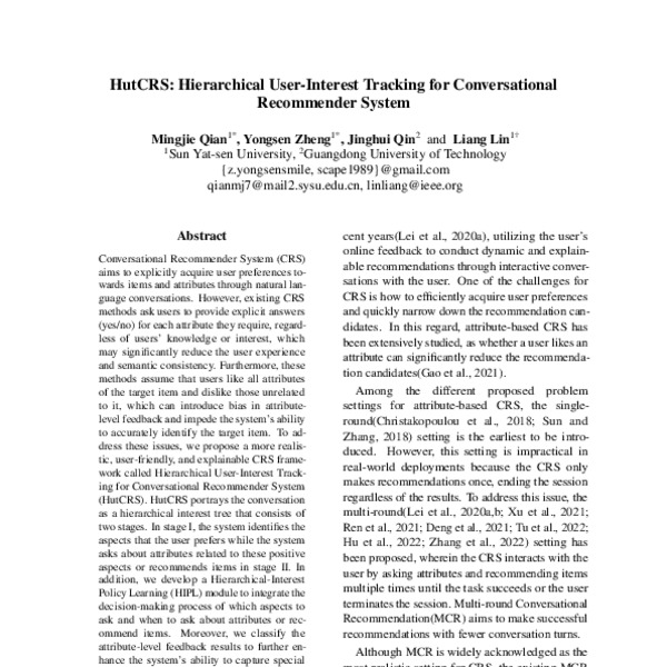 HutCRS: Hierarchical User-Interest Tracking for Conversational Recommender System - ACL Anthology