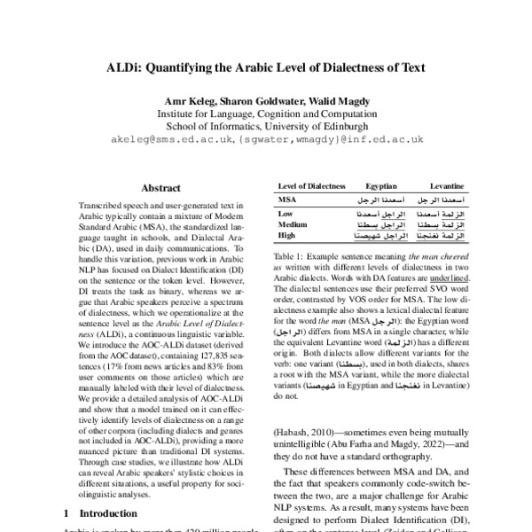 ALDi: Quantifying the Arabic Level of Dialectness of Text - ACL Anthology